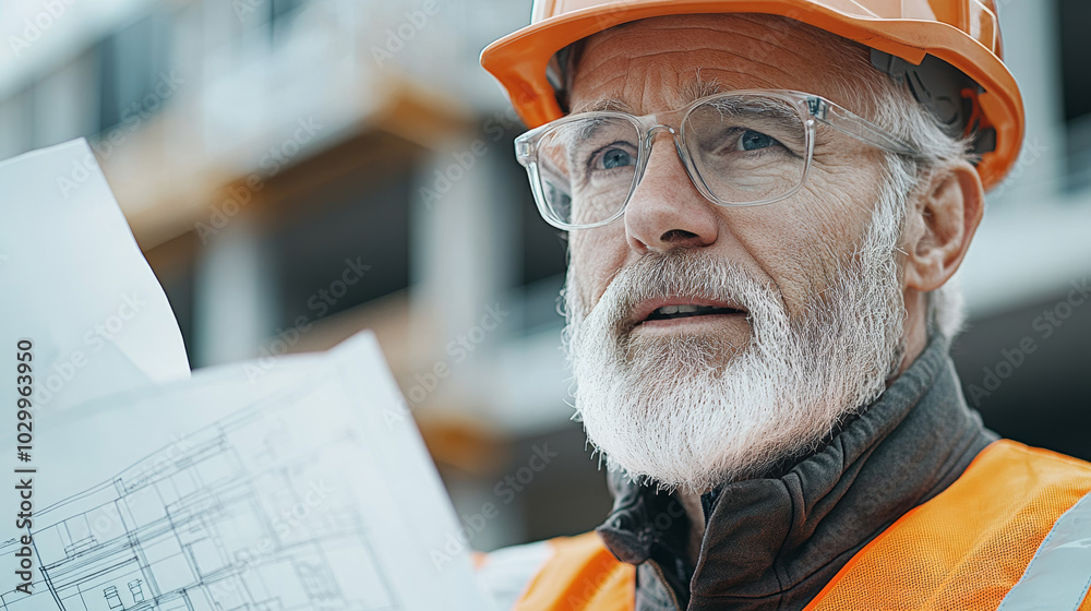 Experienced construction manager reviewing blueprints on site ...