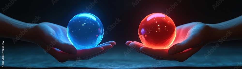 Hands Offering Glowing Red and Blue Orbs in Dark Ambient Light ...