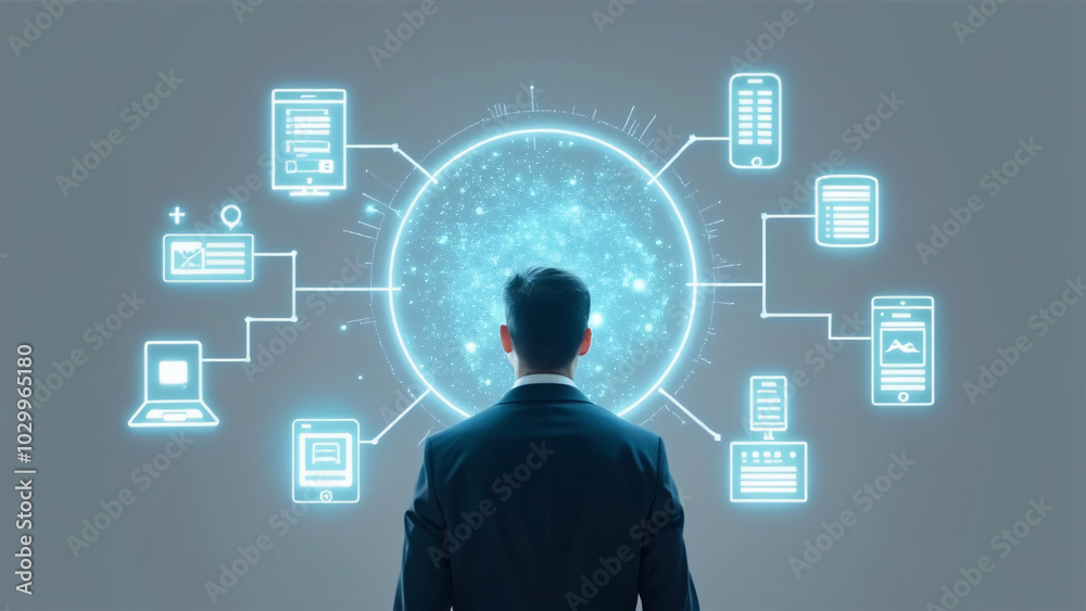 Back view of a person controlling a network of smart devices with a ...