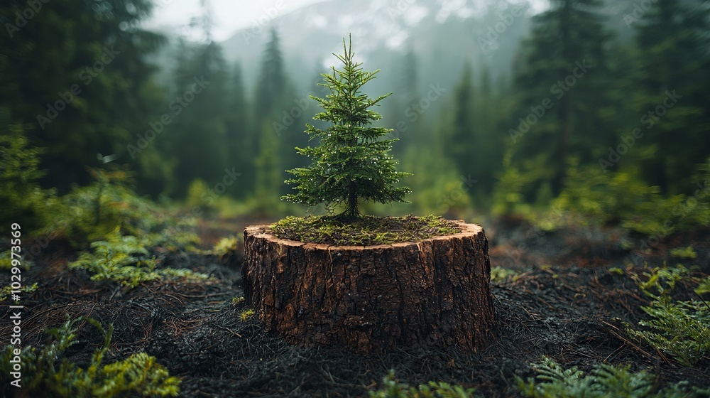 Tiny pine tree growing from a tree stump in a misty forest landscape ...