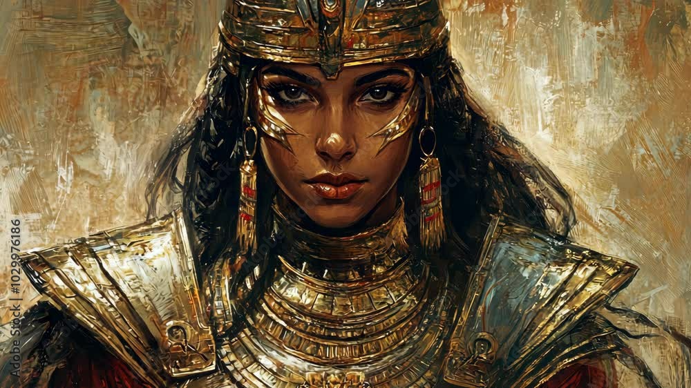 A woman adorned in gold armor and jewelry stares intensely at the ...