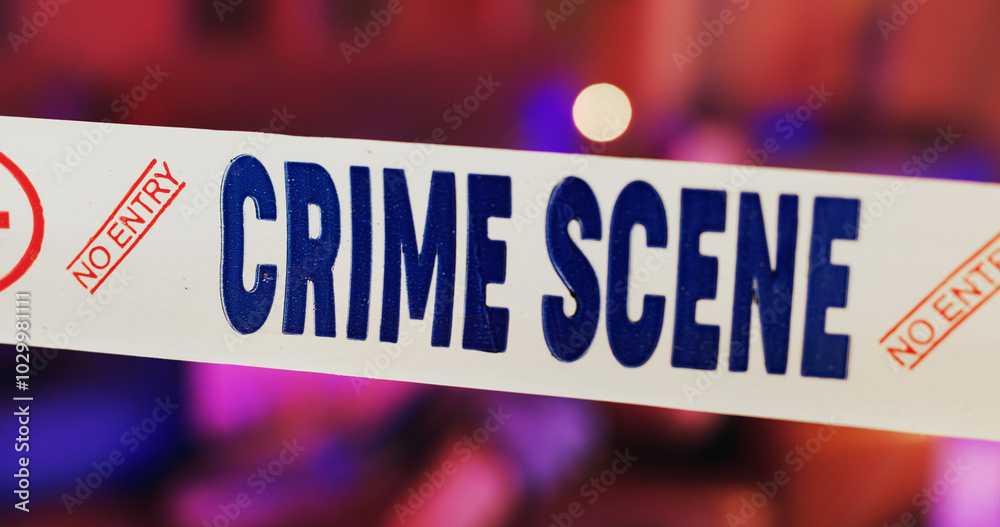 Apartment, tape and crime scene for investigation, evidence and ...