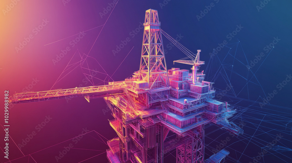 This illustration shows a simple, low-detail image of an oil rig ...