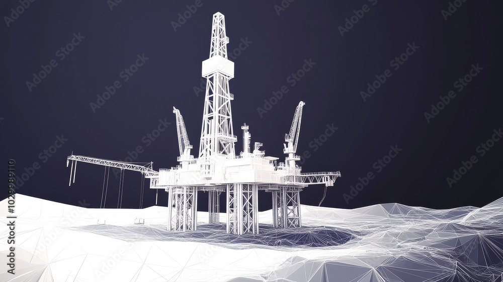 This illustration shows a simple, low-detail image of an oil rig ...