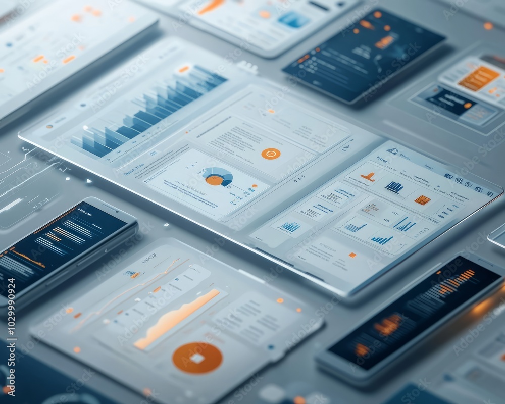 Data dashboards on multiple devices displaying statistics, charts, and graphs. Stock ...