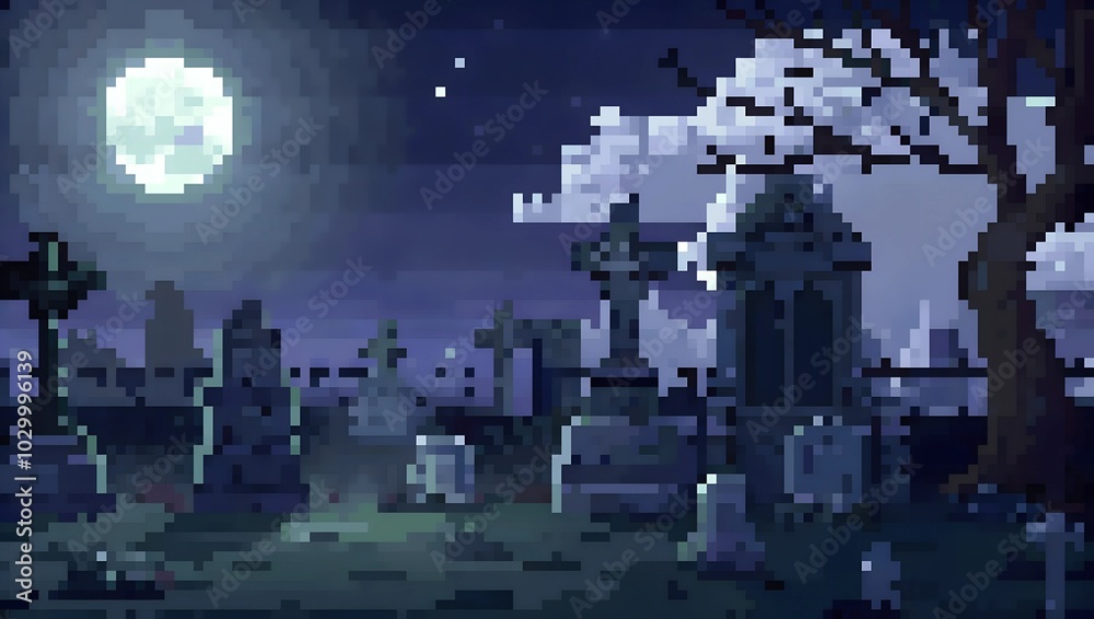Old graveyard under full moon at night pixel art background. 8-bit game ...