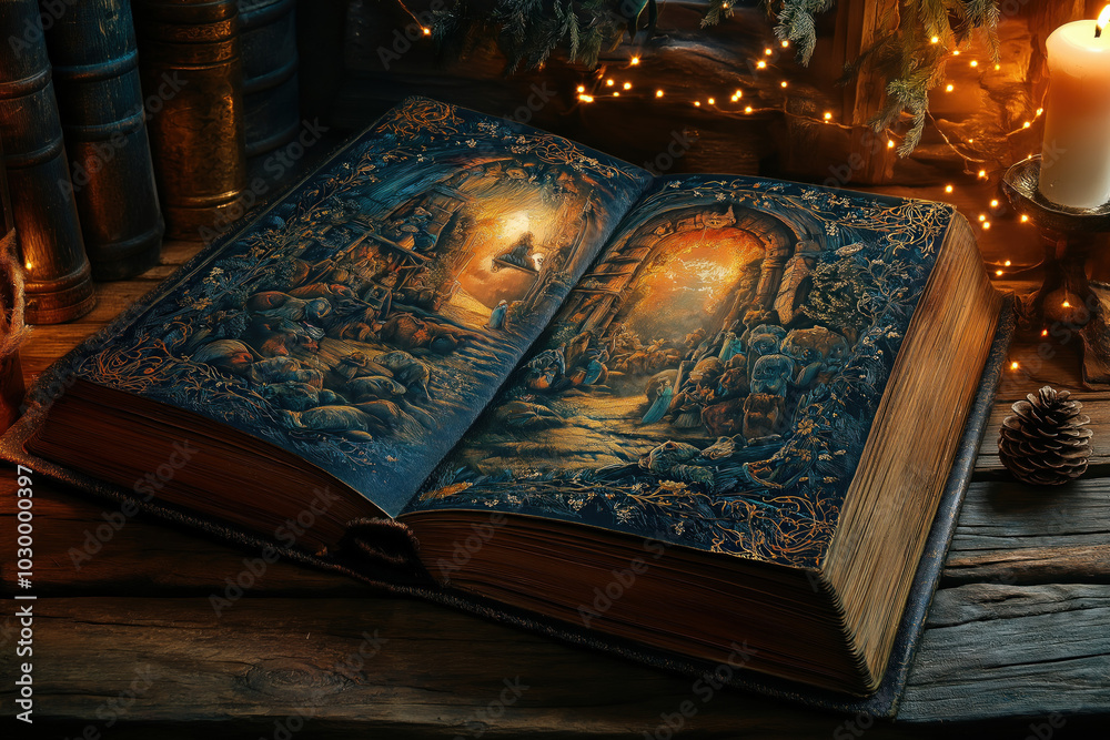 Open Storybook Lying On A Wooden Table, With Illustrated Scenes And ...