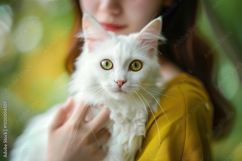 Young woman holding in hand her ginger cat outdoors. Pretty girl ...