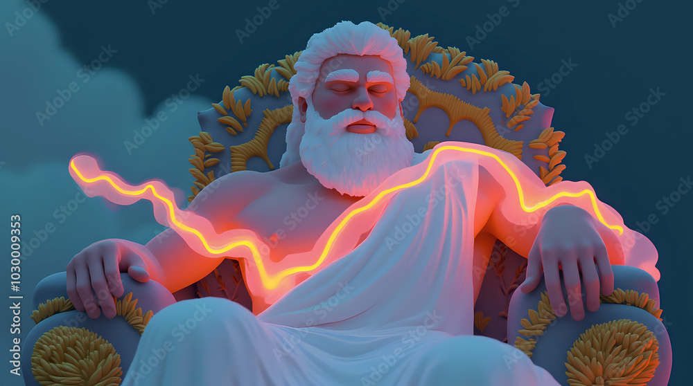 Zeus seated on a majestic throne, holding a lightning bolt, wearing a ...