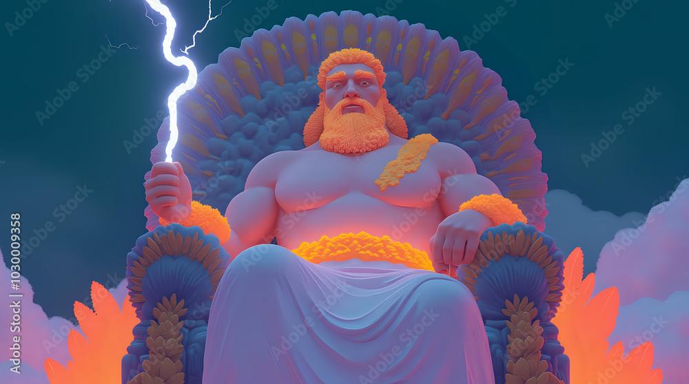 Zeus seated on a majestic throne, holding a lightning bolt, wearing a ...