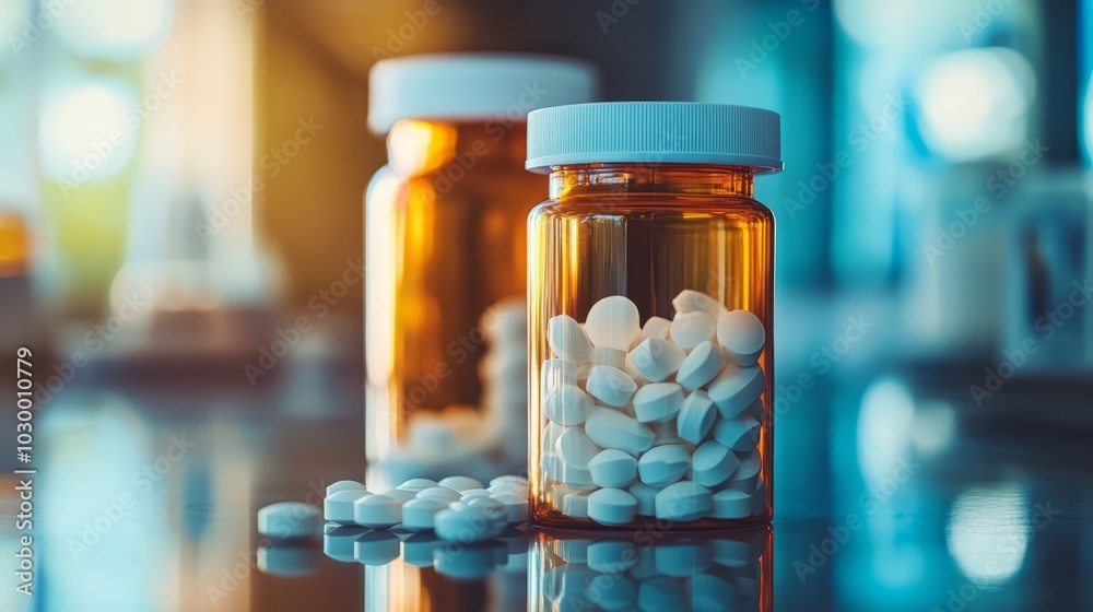 Pill Bottles: White pills spill out of two amber pill bottles with ...