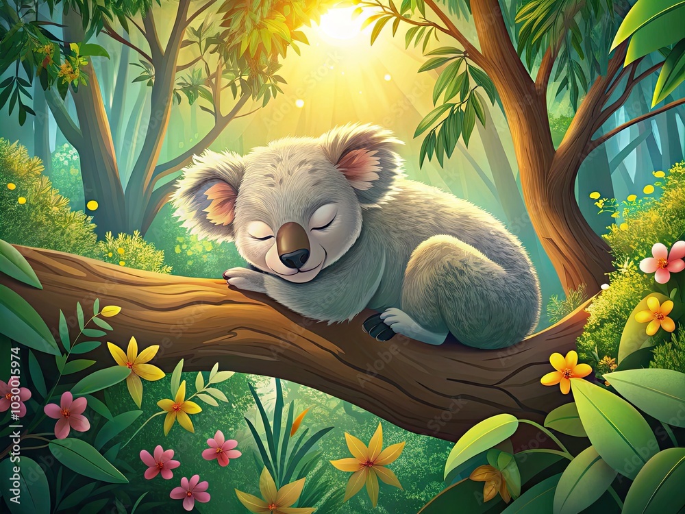 Charming koala dozes comfortably on a tree, highlighting the ...