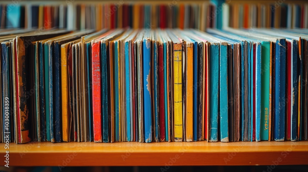 Rows of colorful books on a shelf. This photo depicts a library with a ...
