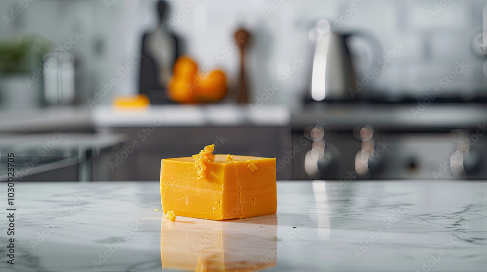 Orange Cheddar Block on Marble Counter, Crumbly Texture, Modern Kitchen ...