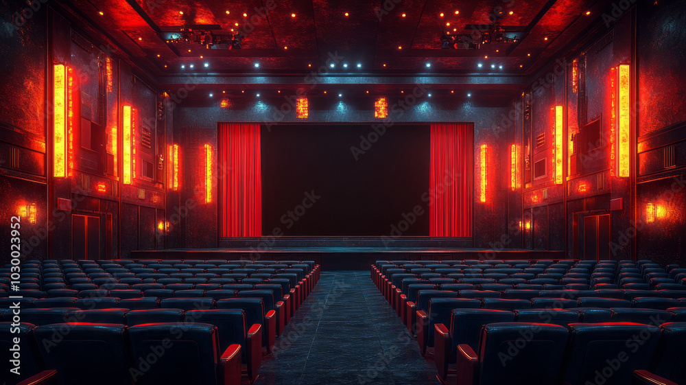 A luxurious theater auditorium viewed from behind with seats at a ...