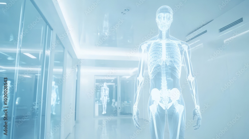 Translucent Skeleton in Modern Hallway: A ghostly translucent human ...