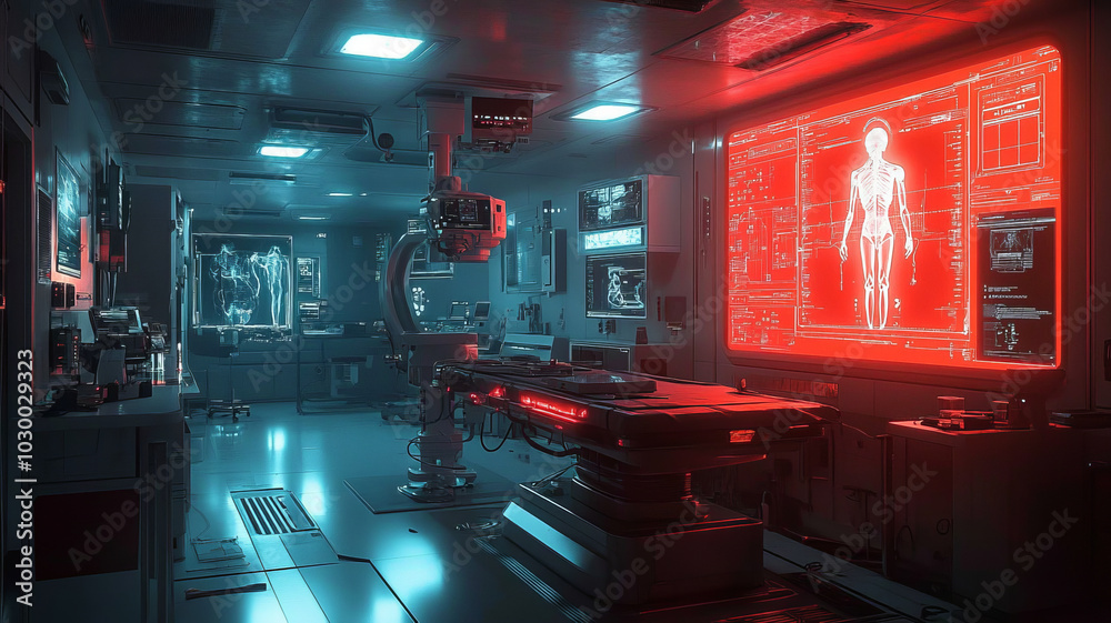 An operating room full of holographic displays showing surgical plans ...