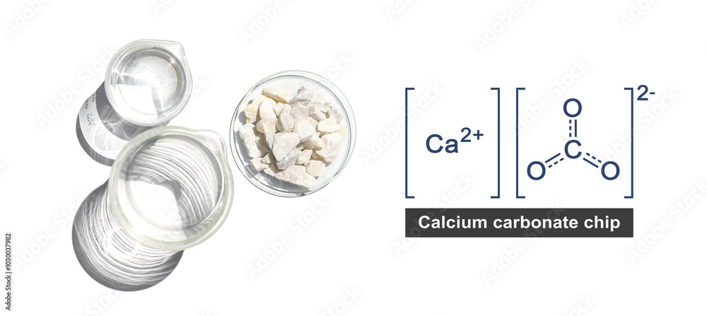 Calcium carbonate chip in chemical watch glass with molecular structure ...