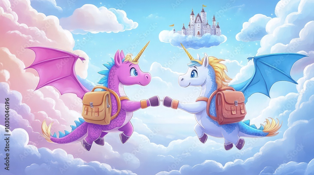 Cartoon dragon and unicorn characters, wearing school backpacks, a ...