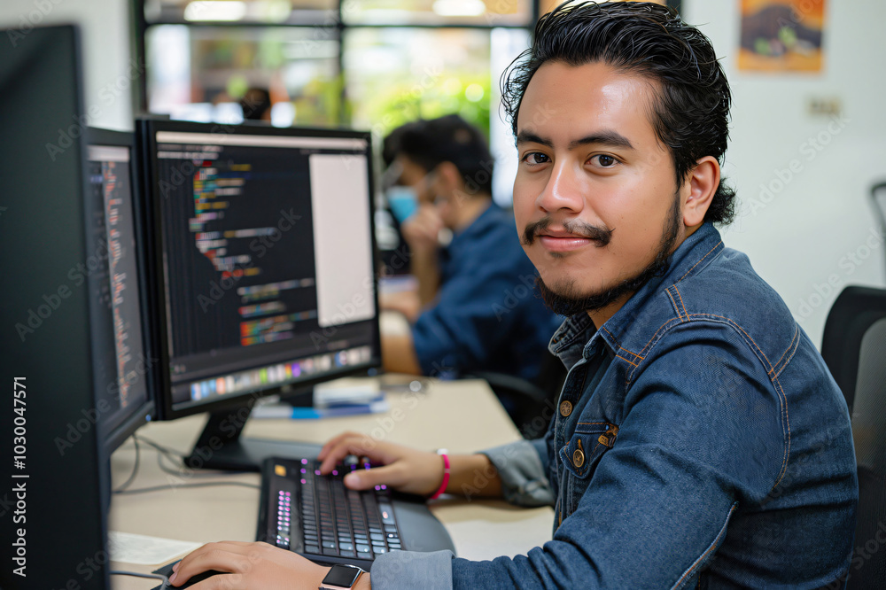 Young latin tech developer coding in a busy office with a team ...