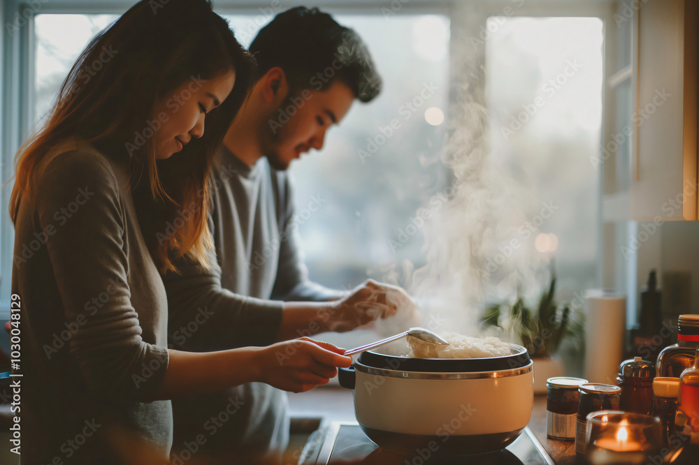 Young couple is cooking rice in their kitchen using a rice cooker, with ...