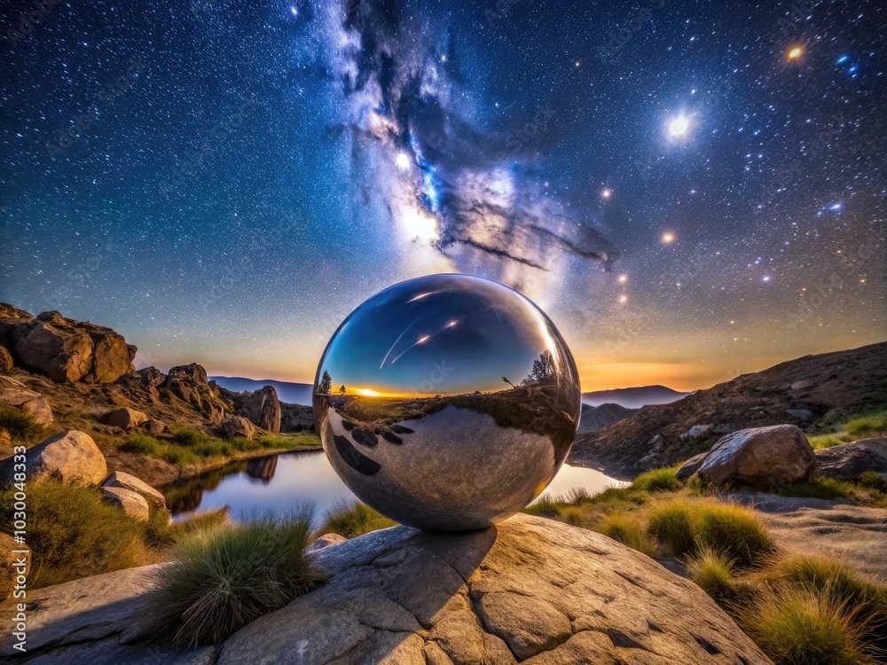 In the tranquil night, a reflective metal sphere mirrors a canopy of ...