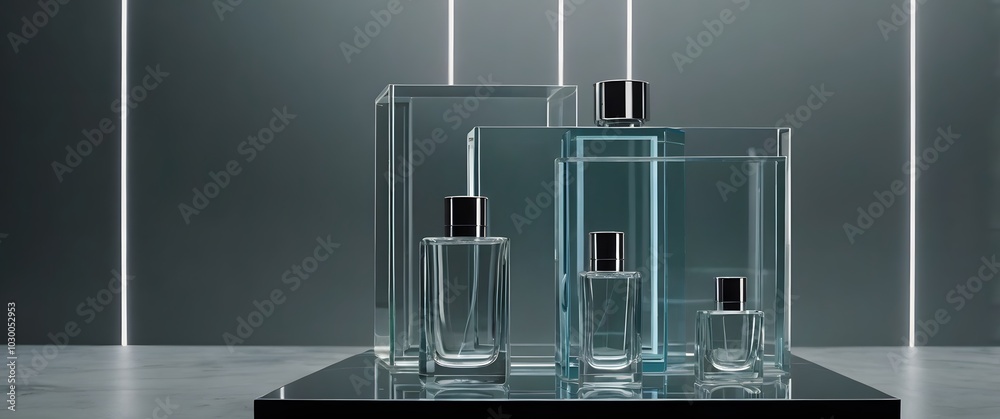 Minimalist Perfume Display: Sleek glass perfume bottles arranged on a ...