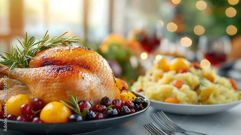 Roasted turkey cornucopia and mashed potatoes on a cozy Thanksgiving ...