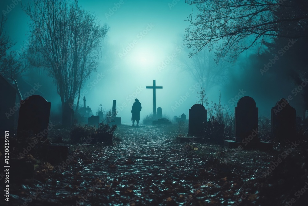 Dark and eerie cemetery scene at night with foggy sky, tombstones, a ...