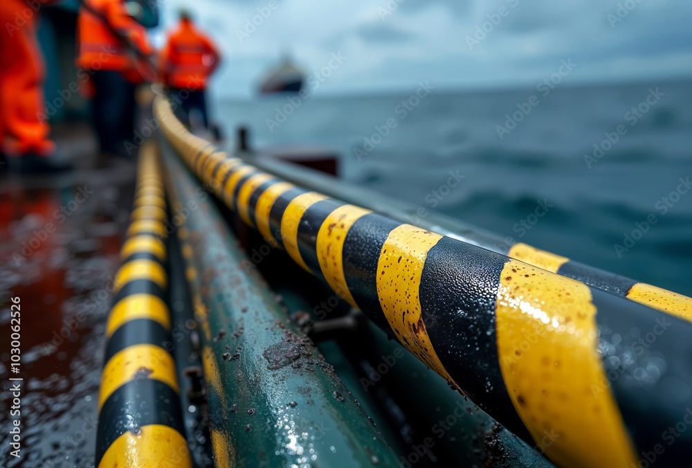 Submarine cable installation. A close-up of large, yellow and black ...