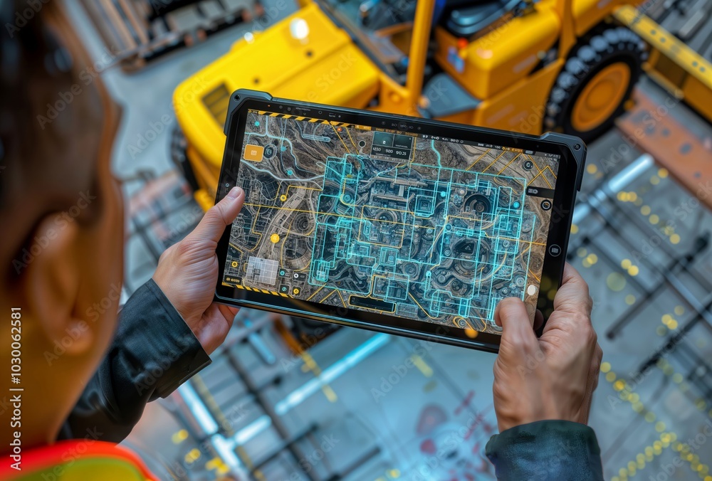 Construction site drone mapping. A person in construction gear uses a ...