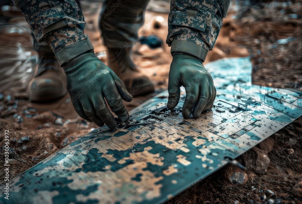 Drone repair operation. A person in military uniform with gloves works ...