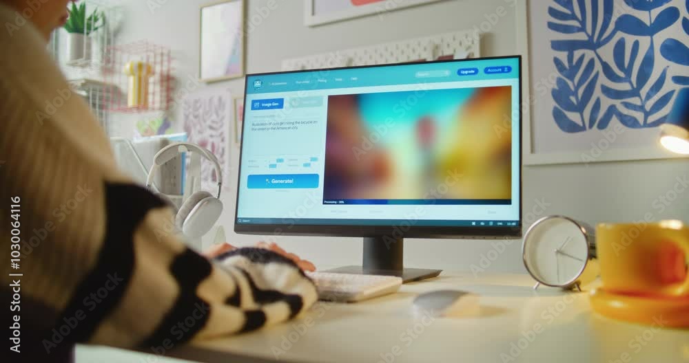 Close up of girl typing text prompt in AI image generator on computer ...