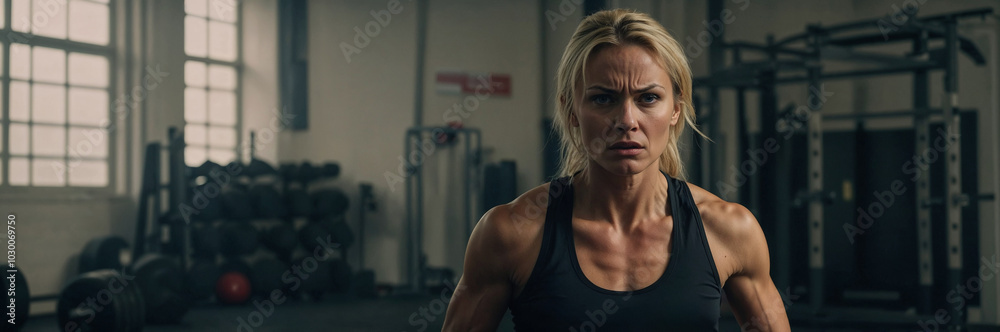 Anger sadness athletic muscular woman. Female person ready for training ...