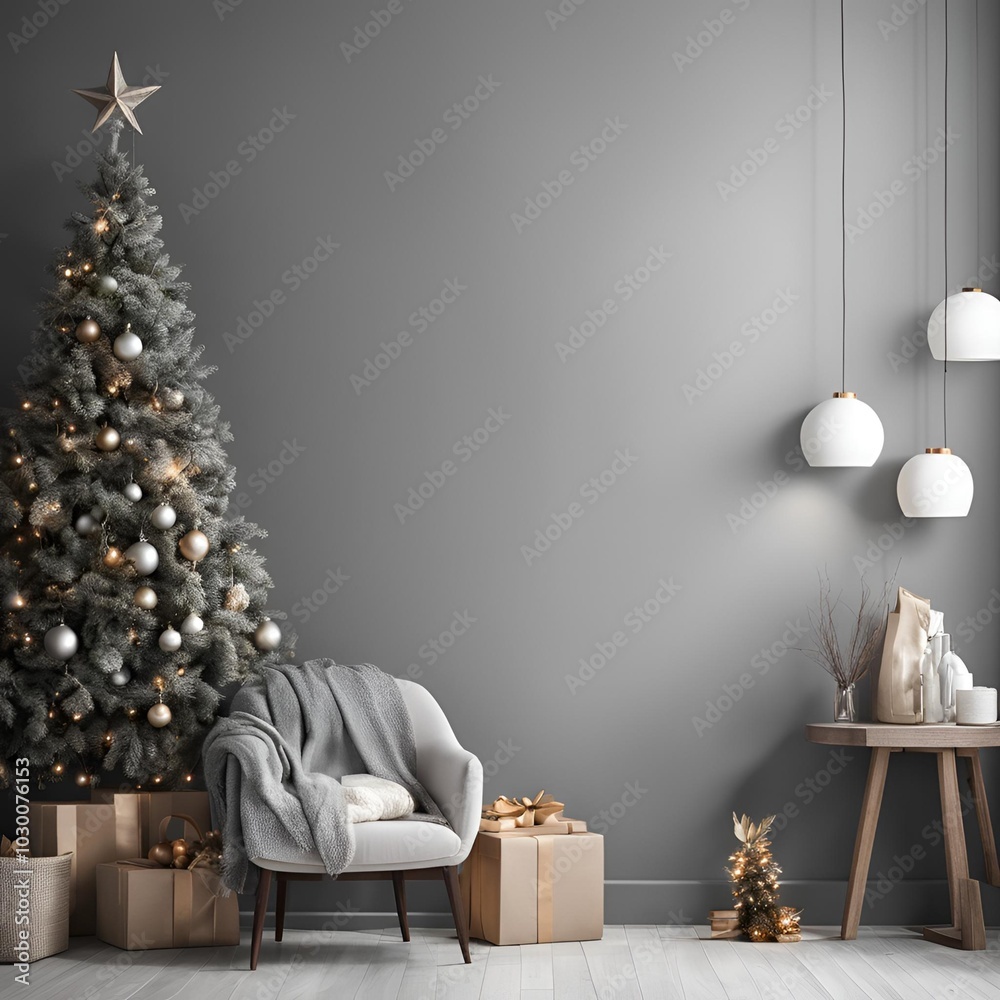 Gray neutral wall background with a Christmas tree on the left side ...