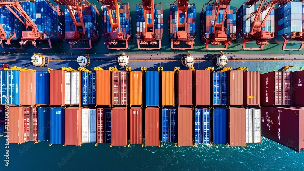 Overhead Drone View of a Busy Harbor: Shipping Containers and Global ...