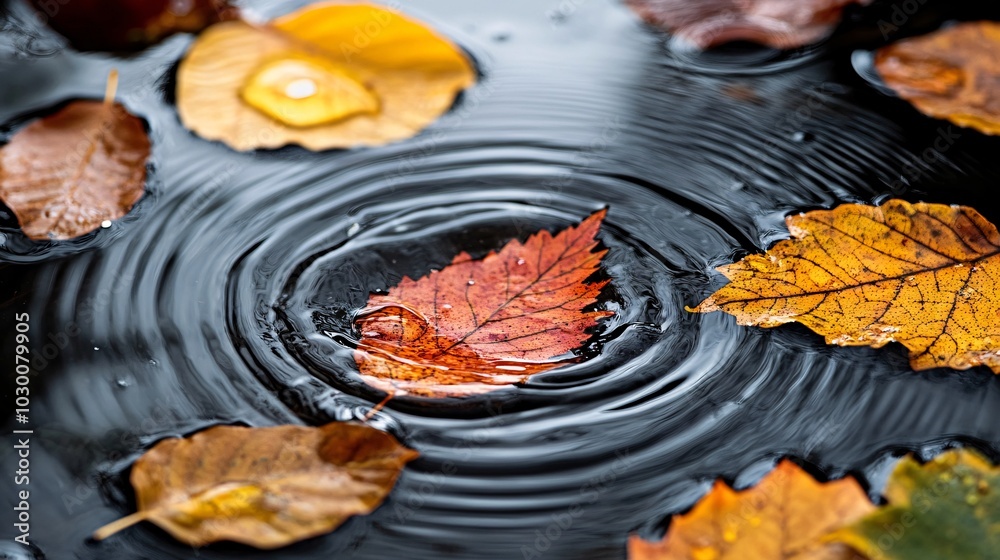 2410_219.macro view of raindrop impact, autumn leaves in various stages ...
