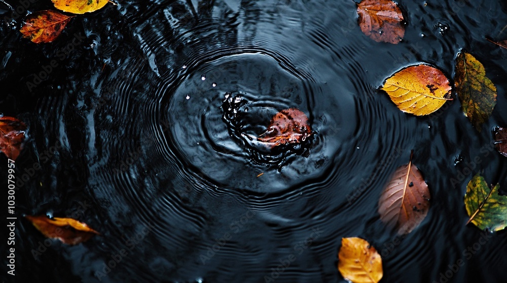 2410_219.macro view of raindrop impact, autumn leaves in various stages ...