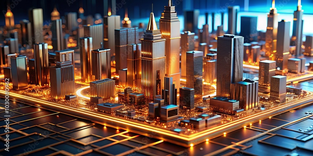 Futuristic 3D City View on Copper PCB Electronic Map - Generative AI ...