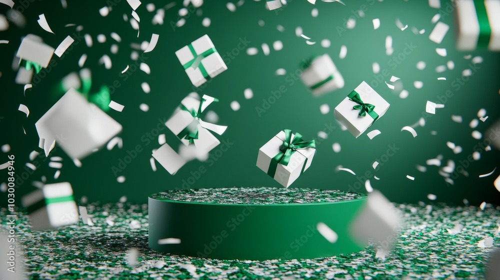 Presents in green and white hover playfully over a podium, set against ...