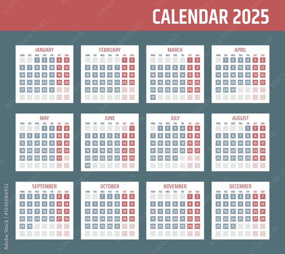 2025 year calendar, calendar design for 2025 starts monday Stock Vector ...