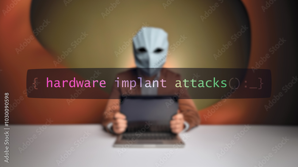 Cybersecurity concept hardware implant attacks on foreground screen, hacker silhouette hidden ...