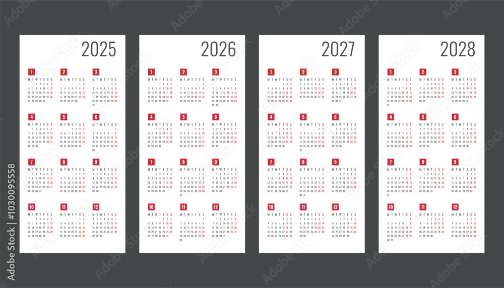 2025 year calendar, calendar design for 2025 2026 2027 2028 starts ...