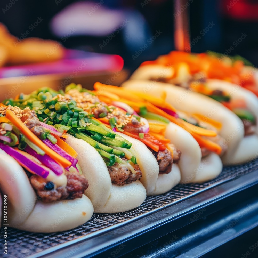 Close-up of bao buns with vibrant fillings, neon-lit night market Stock ...