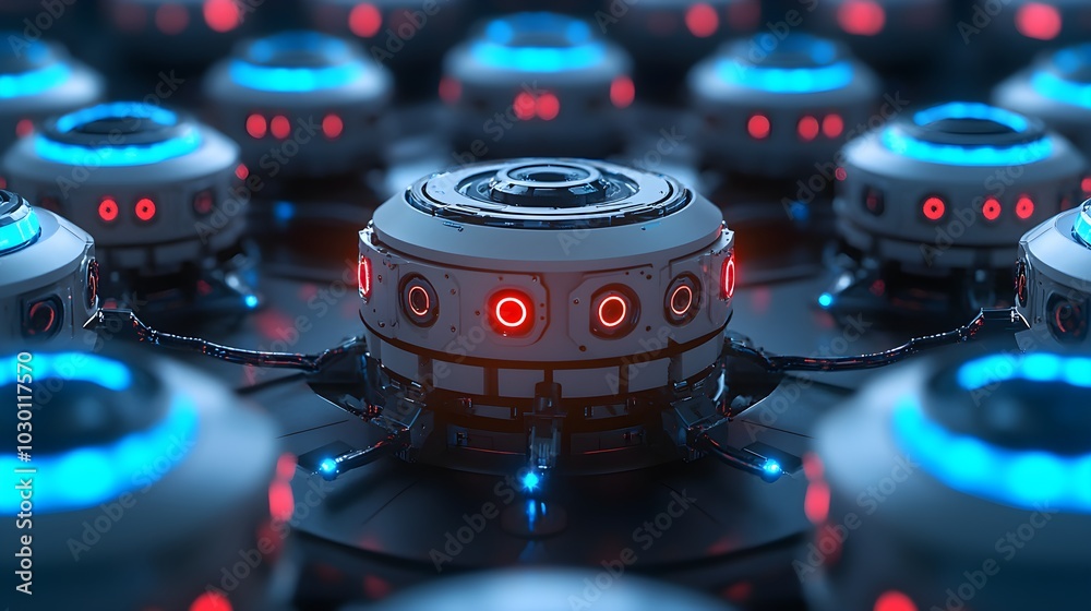 Robots in a perfect circle at a high-tech charging dock, cables ...