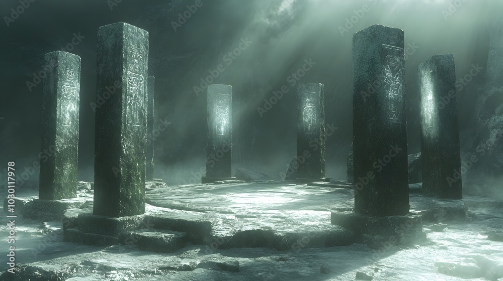 Stone pillars arranged in a ring, engraved with ancient runes that ...