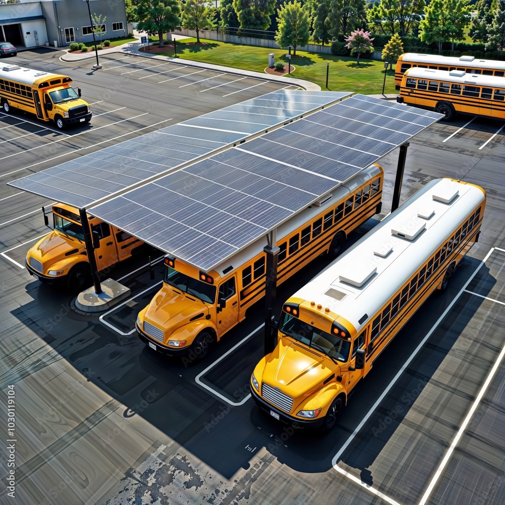 Solar-powered school buses in a parking lot. Eco-friendly ...