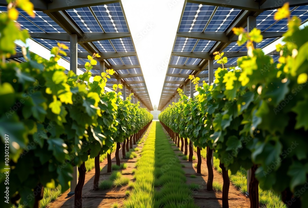 Solar Vineyard. Rows of grapevines under elevated solar panel array ...