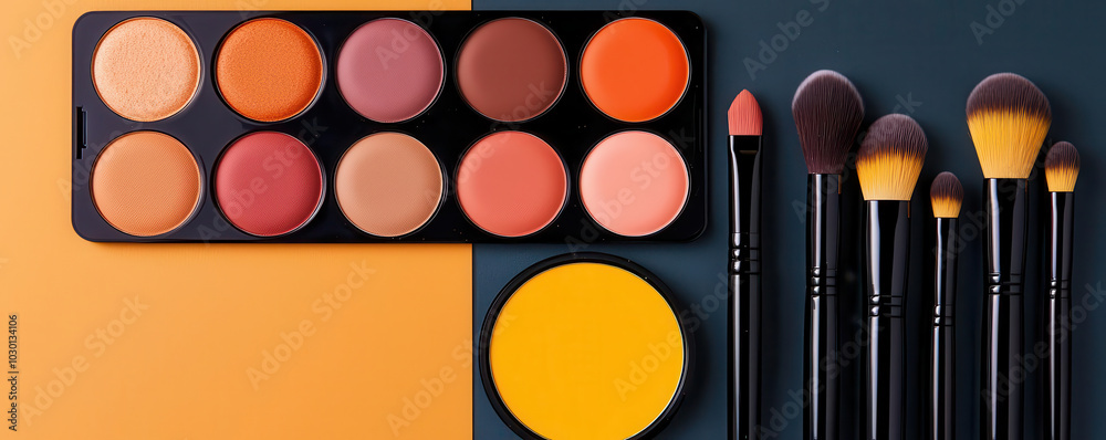 Makeup palettes and brushes arranged in a precise grid, with ...