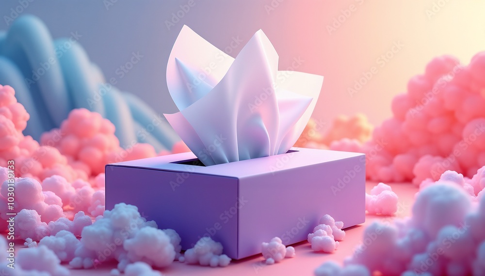 Tissue box in a soft pastel setting with fluffy clouds and gentle light ...